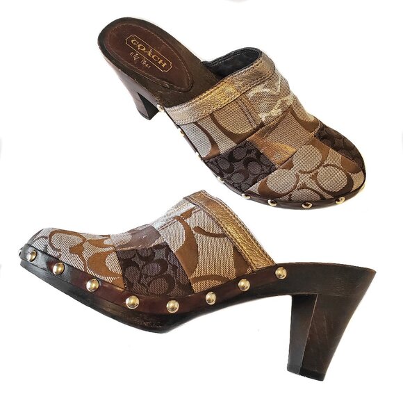 Coach | Shoes | Coach Caterina Monogram Canvas Wood Clog Heels | Poshmark